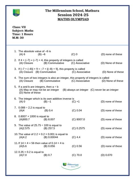 Maths Olympiad 2024 25 Class Vii Pdf Mathematics Arithmetic