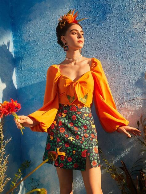 Frida Kahlo X Shein X Designer Oxana Floral Print Split Hem Skirt