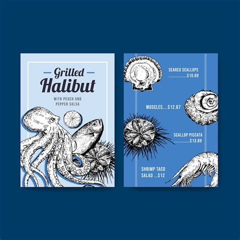 Plantilla de menú grande con diseño de concepto de mariscos para ilustración de restaurante y