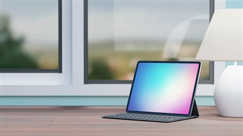 케이스 키보드와 흰색 램프가 있는 대형 스크린 태블릿은 목재 테이블에 배치되어 배경에 부여됩니다 3d 렌더링 이미지 태블릿에 대한 스톡 사진 및 기타 이미지 Istock