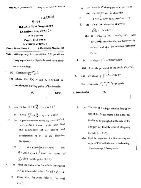 Bca 1 Sem Mathematics 1 21304 2024 Pdf