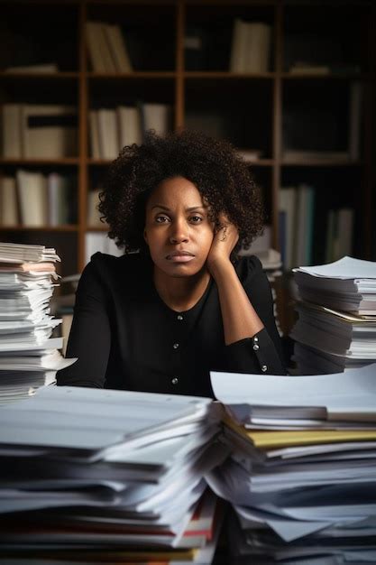 Premium Photo A Woman Sitting At A Desk With Stacks Of Papers