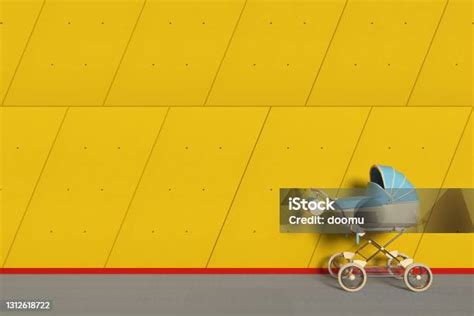 현대 블루 베이비 캐리지 유모차 패널 외부 산업 건물 앞 유모차 노란색 콘크리트 벽 3d 렌더링 배경 주제에 대한 스톡 사진 및 기타 이미지 Istock