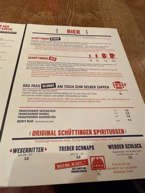 Speisekarte Von Schüttinger Gasthausbrauerei Restaurant Bremen