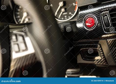 Red Engine Start Button Detail Car Dashboard With Focus On Red Engine