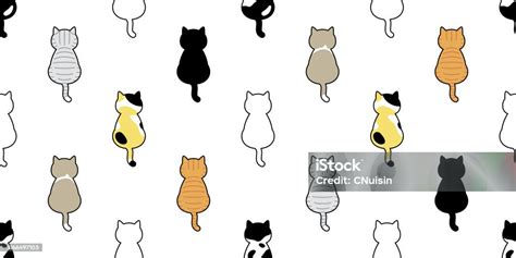 고양이 원활한 패턴 벡터 새끼 고양이 Calico 품종 스카프 고립 만화 타일 벽지 반복 배경 일러스트 낙서 디자인 갈고리 발톱에 대한 스톡 벡터 아트 및 기타 이미지