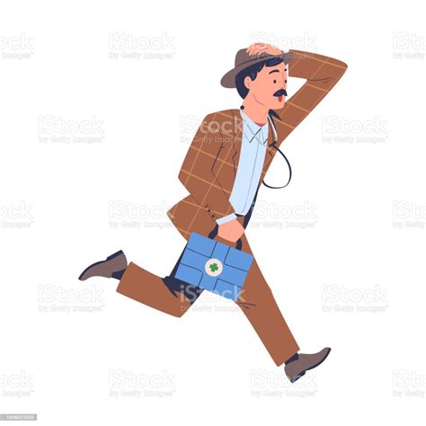 체크무늬 재킷과 모자를 쓴 남자 의사 또는 의사 캐릭터가 응급 처치 키트와 청진기 벡터 일러스트레이션을 들고 달리고 있다 개념에 대한 스톡 벡터 아트 및 기타 이미지