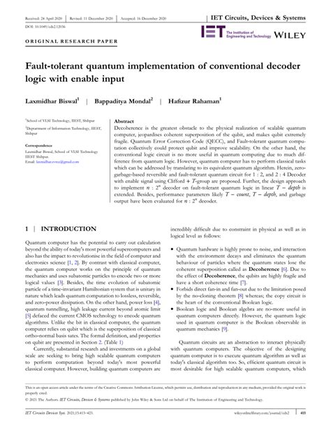 PDF Faulttolerant Quantum Implementation Of Conventional Decoder Logic With Enable Input