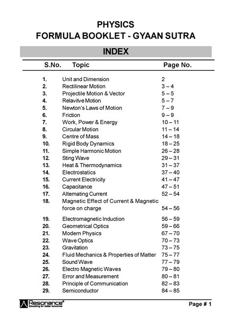 Physics Formula Physics Formula Booklet Gyaan Sutra Index Unit And
