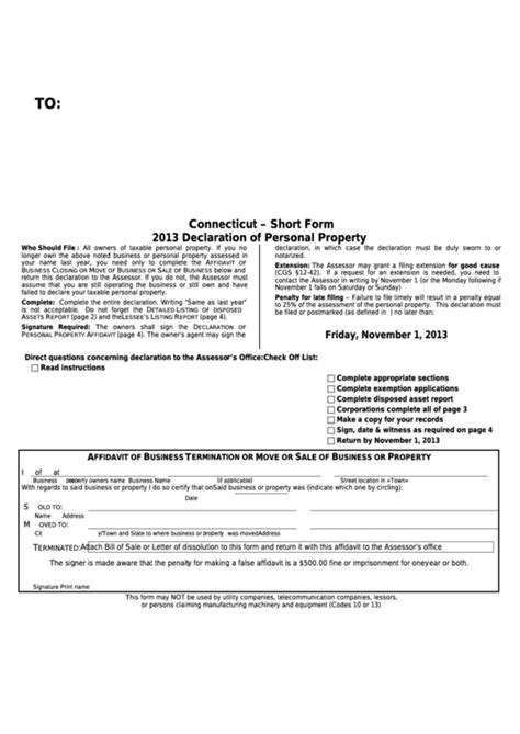 Declaration Of Personal Property Short Form Connecticut 2013 Printable Pdf Download