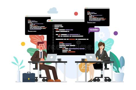 Man And Woman Programmer Writing Code On Laptop Together Stock Vector