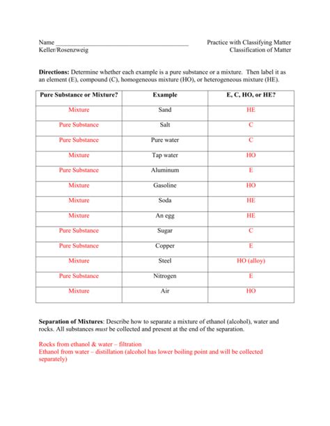 Classifying Matter Pure Substances And Mixtures Worksheet