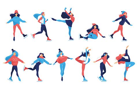 아름다운 포즈에서 아이스 스케이팅 우아한 여자의 세트입니다 겨울 스포츠 활동 피겨 아이스 스케이팅 일러스트 흰색 배경에 고립 된 아이스 링크에 여자 실호트 벡터 피겨