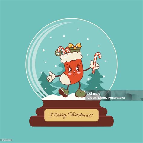 눈이 있는 유리 공입니다 메리 크리스마스 스타킹 귀여운 캐릭터 춤 막대 사탕 선물 사탕 지팡이 세련된 오래 된 복고풍 만화 스타일입니다 빈티지 휴일 일러스트 스티커 포스터