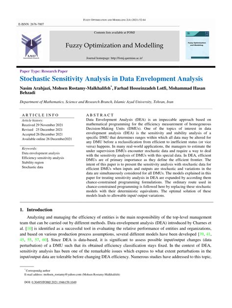 Pdf Stochastic Sensitivity Analysis In Data Envelopment Analysis