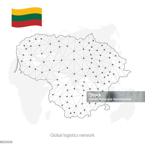 全球物流網絡概念世界背景上的立陶宛通信網路地圖 立陶宛地圖具有多邊形和國旗的節點eps10向量圖形及更多保險圖片 保險 全球商務 全球