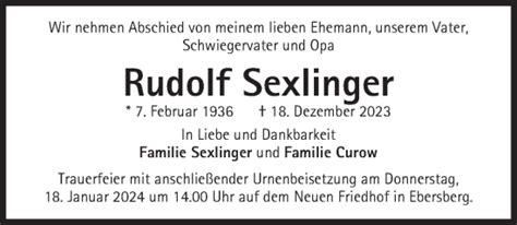 Traueranzeigen Von Rudolf Sexlinger Sz Gedenkende