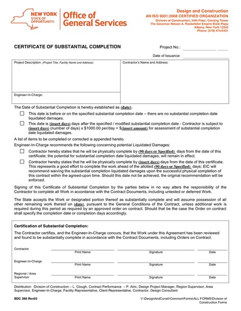Certificate Of Substantial Completion Template