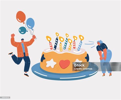 두 명의 친구들이 풍선과 큰 케이크로 생일을 축하하는 벡터 일러스트 레이 션 개념에 대한 스톡 벡터 아트 및 기타 이미지 개념 경외감 기념일 Istock