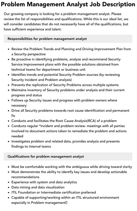 Problem Management Analyst Job Description Velvet Jobs
