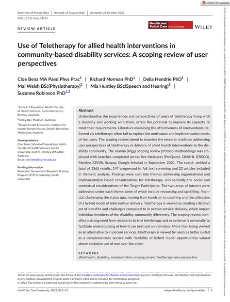 Pdf Use Of Teletherapy For Allied Health Interventions In Community