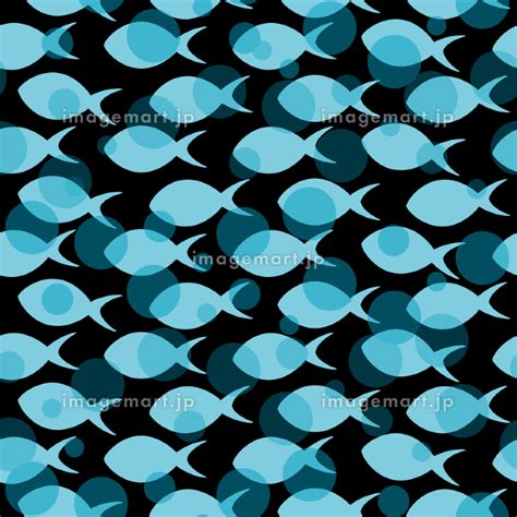 魚のシームレスパターン 青い魚と水玉 黒背景のイラスト素材 179009640 イメージマート