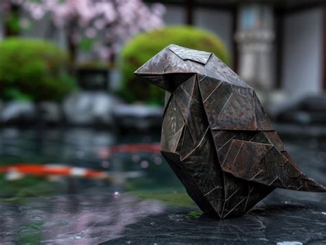 Origami Raven In A Tranquil Pond Premium Ai Generated Image