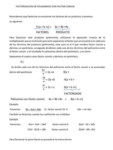 Factorizacion De Polinomios Con Factor Comun 21 22 Pdf Factorización Álgebra