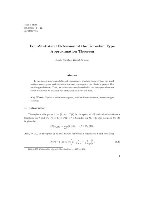 Equi Statistical Extension Of The Korovkin Type Approximation Theorem Pdf Limit Mathematics