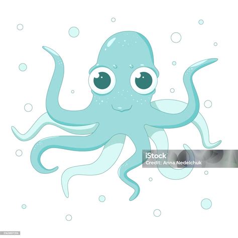귀여운 푸른 문어의 벡터 그림입니다 거품 어린이 그림에 아기 문어 문어 캐릭터입니다 귀여운에 대한 스톡 벡터 아트 및 기타