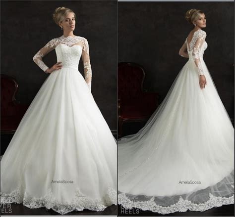Long Sleeve Amelia Sposa White Wedding Dresses 2015 Illusion Lace Tulle