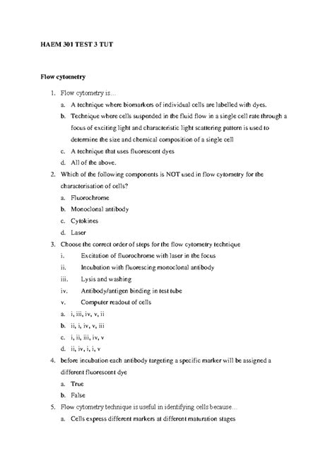 HAEM 301 TEST 3 Tutorial HAEM 301 TEST 3 TUT Flow Cytometry 1 Flow