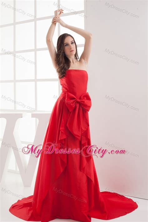 Strapless Bowknot Brush Train Taffeta Evening Dress In Red