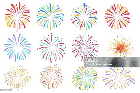 번쩍이는 축하 경례는 평면 그래픽 디자인의 메가 세트 요소입니다 다채로운 폭발 축제 불꽃 놀이 축제 하늘 쇼에서 폭죽 불꽃