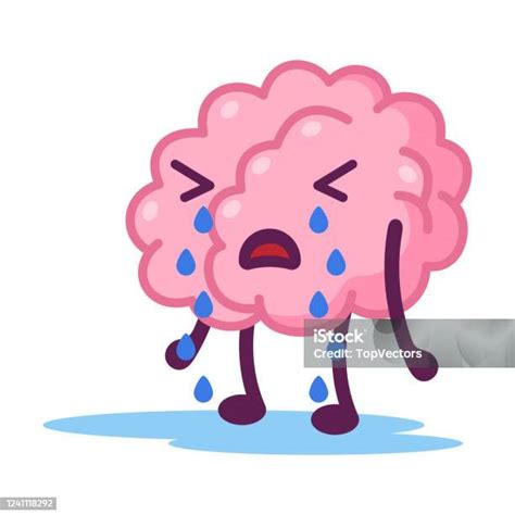 흰색 배경에 불행 한 핑크 뇌 울고 재미 인간 신 경계 장기 만화 캐릭터 벡터 일러스트 과학에 대한 스톡 벡터 아트 및 기타