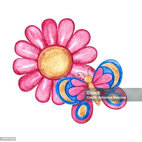 나비와 꽃 어린이용 일러스트레이션입니다 수제 수채화 인사말 카드 전단지 배너 포스터용 아동용품 포장용 아동 도서 및 스티커 장식용 0명에 대한 스톡 벡터 아트 및 기타