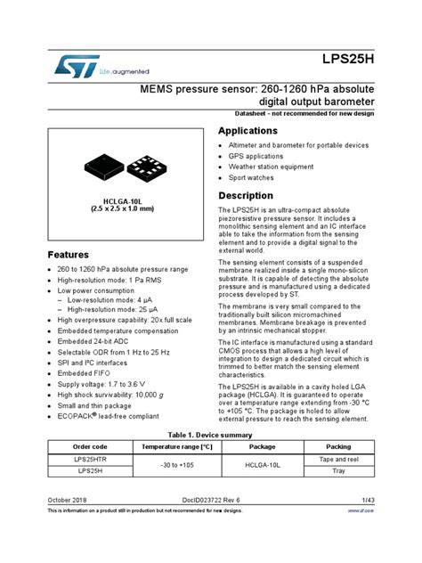 Lps25h Mems Pressure Sensor 260 1260 Hpa Absolute Digital Output Barometer Download Free Pdf