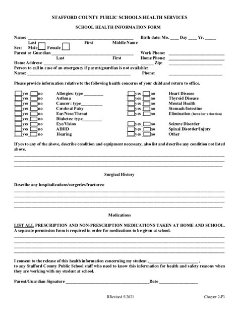 Fillable Online Stafford County Public Schools Health Information Form
