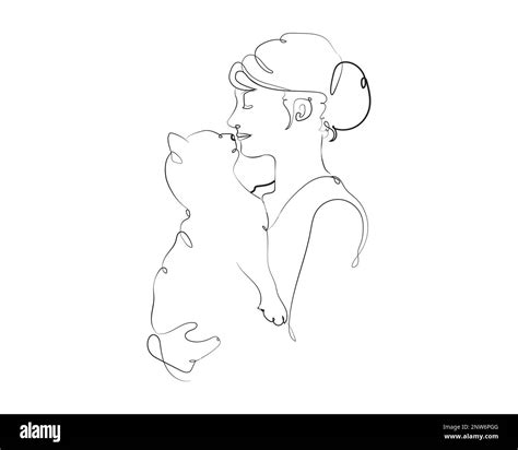 Woman Holding Cat With Silhouette Line Art Style Stock Vector Image