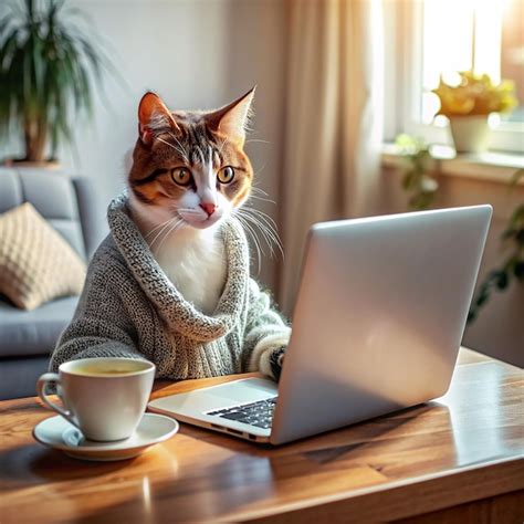 Cat Working On Laptop Illustration Premium Ai Generated Image