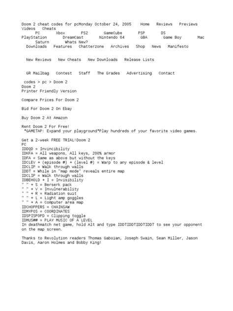 Doom 2 Cheat Codes For Pc Pdf