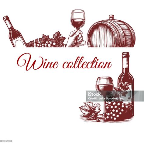 벡터 손으로 그린 템플릿 그림 의 와인 와 전채 와인 잔 포도 병 배럴과 빈티지 와인 카드 알콜 음료 액자에 복사 공간을 새겨 넣는다 바 메뉴 디자인 건설 프레임에 대한