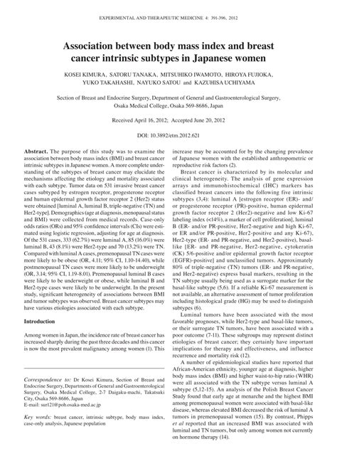 Pdf Association Between Body Mass Index And Breast Cancer Intrinsic