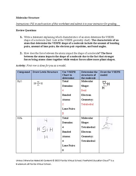 Molecular Structure Worksheet Copy Molecular Structure Instructions