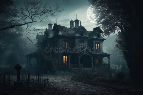 Casa Assombrada à Escuridão Sob a Lua Cheia Morcegos E Atmosfera
