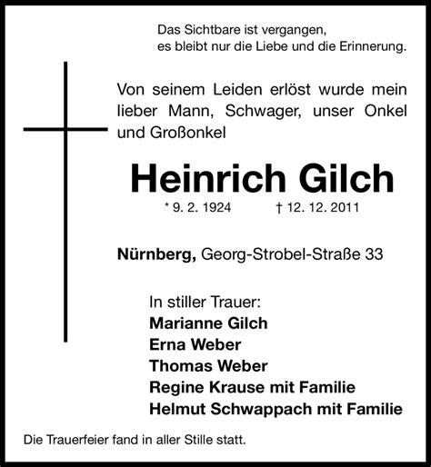 Traueranzeigen Von Heinrich Gilch Trauernnde