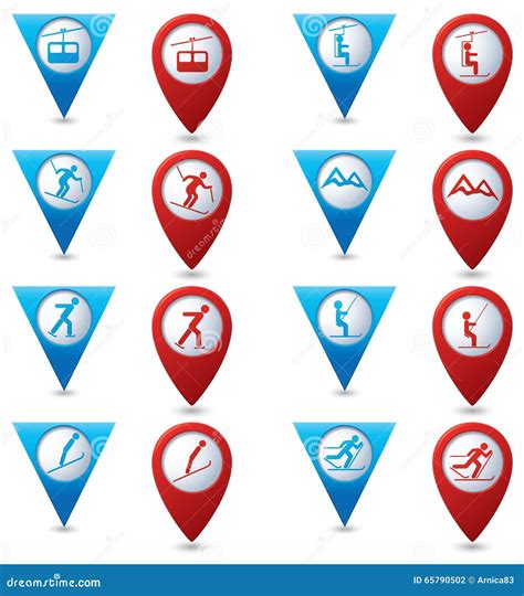 Winter Sport Icons Set On Blue And Red Map Pointers Stock Vector