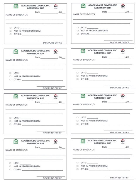 Admission Slip Pdf