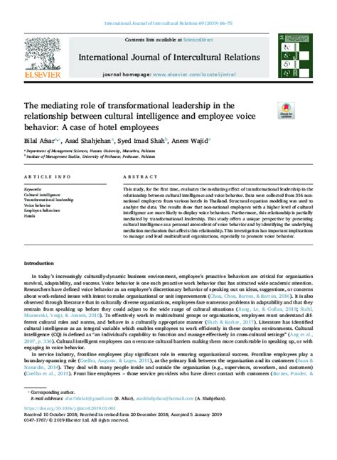 Pdf The Mediating Role Of Transformational Leadership In The Relationship Between Cultural