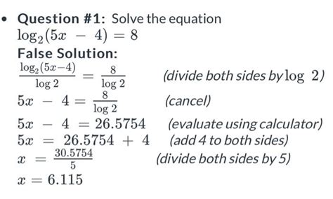 solved question 1 solve the equation log2 5x−4 8 false